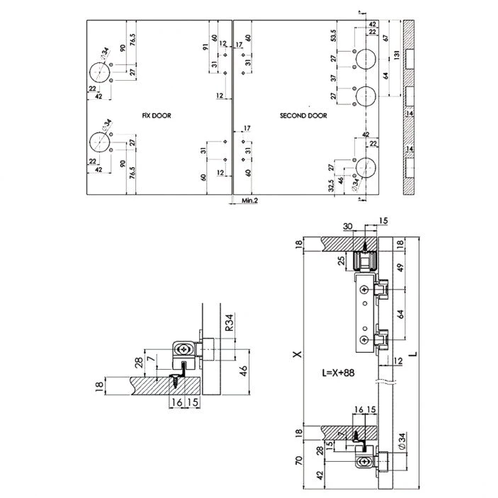 Upper-lower mechanism set (single hinge) for one double door 22L.